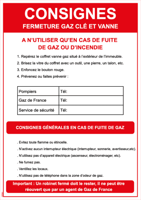 Consigne clé fermeture gaz - Format A4 - Securplan