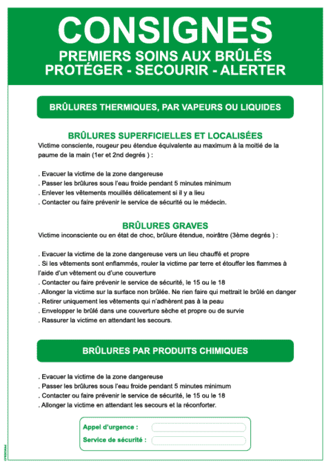 Consigne premier soins aux brûlés - Format A4 - Securplan